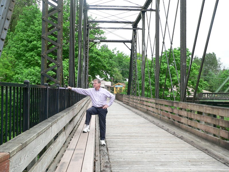 Mill City, Oregon, has a great pedestrian bridge across the Sanitam river.
